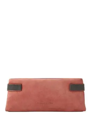 Brunello Cucinelli Essence Bead-embellished Leather-trimmed Suede Clutch - Red