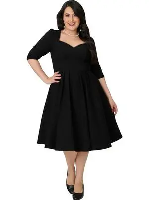 Unique Vintage Sweetheart Neckline Swing Dress - Black Pleated
