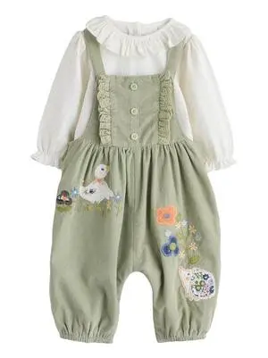 NEXT Ruffle Collar Bodysuit & Appliqué Corduroy Overalls Set - Green