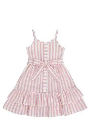 MIA BELLE GIRLS Candy Stripe Linen Ruffle Dress - Pink