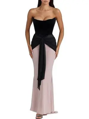House Of Cb Velvet & Chiffon Drape Corset Gown - Black Velvet