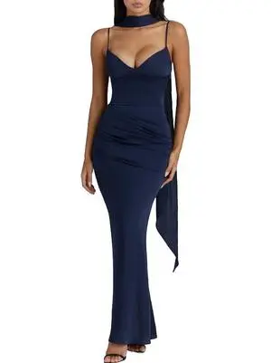 House Of Cb Gathered Satin Gown With Scarf - Navy