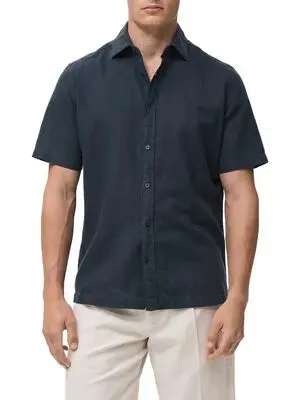 Mango Short Sleeve Linen & Cotton Button-up Shirt - Navy