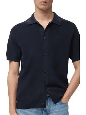 Mango Short Sleeve Knit Button-up Shirt - Navy