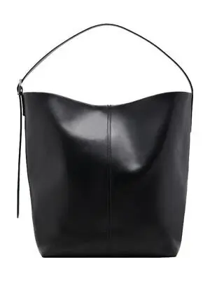 Mango Large Leather Bucket Tote - Black