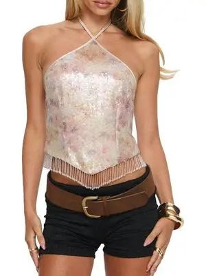 Princess Polly Udelle Sequin Fringe Halter Crop Top - Cream Sequin