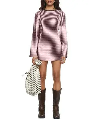 Princess Polly Striped Long Sleeve Mini Dress - Chocolate/pink Stripe