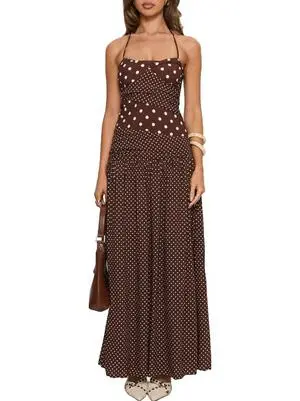 Princess Polly Marguerite Halter Dot Print Maxi Dress - Brown Polka Dot