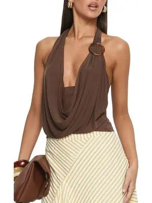 Princess Polly Lanelle Ring Detail Cowl Neck Halter Top - Chocolate