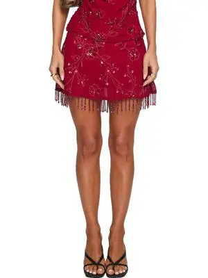 Princess Polly Embellished Beaded Sequin Fringe Miniskirt - Red