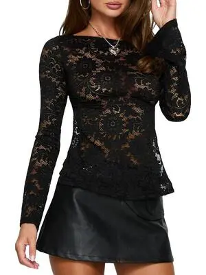 Princess Polly Open Back Lace Top - Black