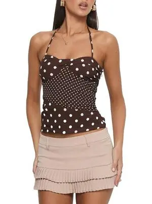 Princess Polly Marguerite Polka Dot Halter Top - Chocolate Polka