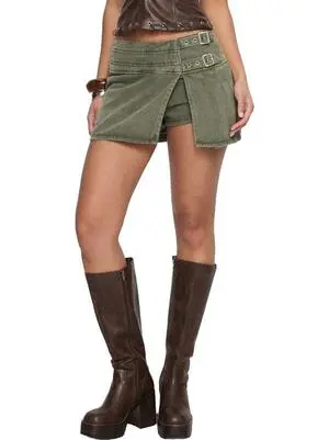 Princess Polly Faux Wrap Denim Skort - Washed Khaki