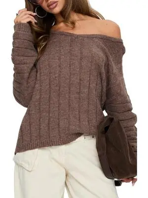 Princess Polly One-shoulder Ribbed Sweater - Mocha