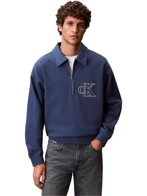 Calvin Klein Varsity Monogram Quarter Zip Sweatshirt - Dark Denim