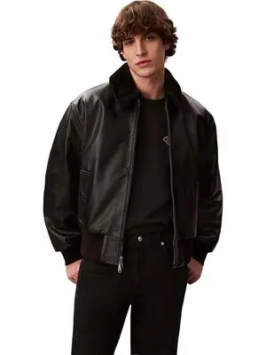 Calvin Klein Leather Bomber Jacket With Shearling Collar - Black