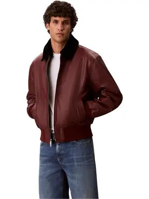 Calvin Klein Leather Bomber Jacket With Shearling Collar - Mocha Moment