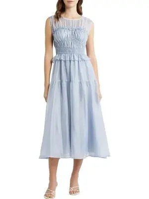 Moon River Semi Sheer Yoke Gathered Peplum Midi Dress - Dusty Blue