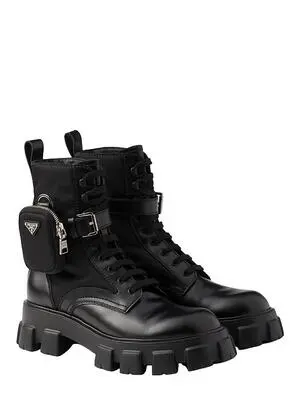 Prada Monolith Leather And Re-nylon Boots With Pouch - Black