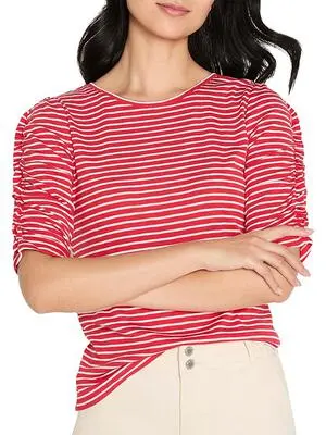 NIC+ZOE Striped Ruched Elbow Sleeve Top - Red Multi