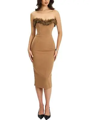 MISS CIRCLE NEW YORK Rayanne Strapless Fur-trimmed Maxi Dress - Chestnut