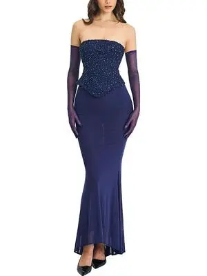 MISS CIRCLE NEW YORK Orabelle Beaded Peplum Mermaid Gown With Lace-up Back - Navy