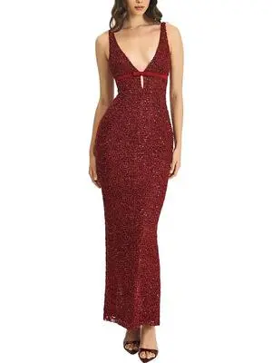 MISS CIRCLE Elora Sequin Beaded Maxi Dress - Crimson