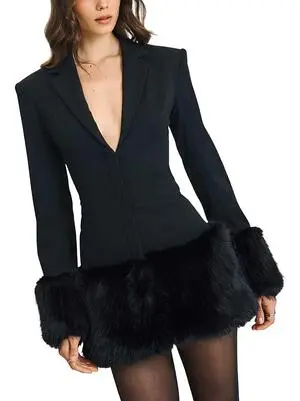 MISS CIRCLE Fur Trimmed Mini Blazer Dress - Black
