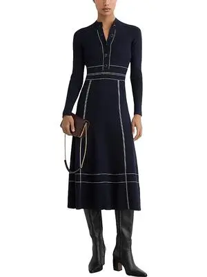 REISS Button Front Long Sleeve Midi Dress - Navy