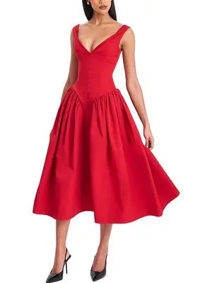 MISS CIRCLE Nahla Drop Waist Midi Dress - Red