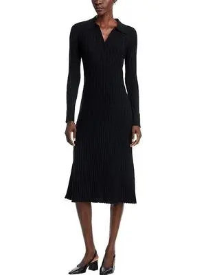 SINGLE THREAD Collared Ribbed Midi Sweater Dress - Black