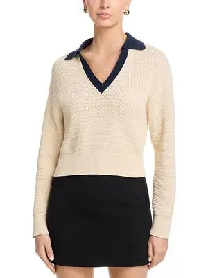 French Connection Contrast Collar Textured Knit Sweater - Ecru/marine