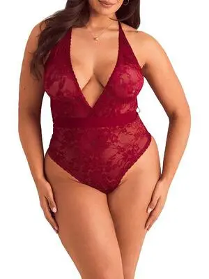 ADORE ME Lace Plunge Bodysuit With Ribbon Belt - Dark Red