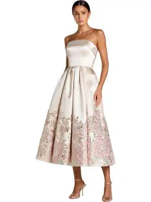 Mac Duggal Strapless Brocade A-line Midi Dress - Champagne Multi