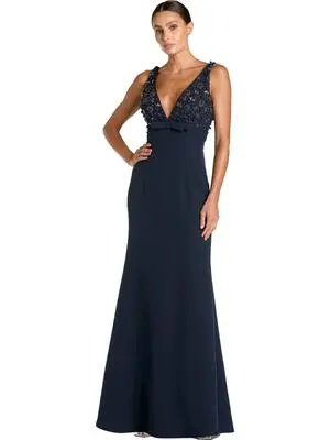 Mac Duggal Sleeveless Embellished Crepe Gown With Bow - Navy