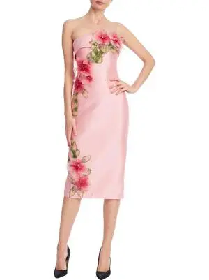 Badgley Mischka Floral Appliqué Strapless Cocktail Dress - Peony