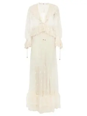 Chloé Embroidered Lace Gathered V-neck Long Dress - Dusty White