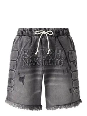 SATOSHI NAKAMOTO Straight-leg Fringed Padded Denim Shorts - Black