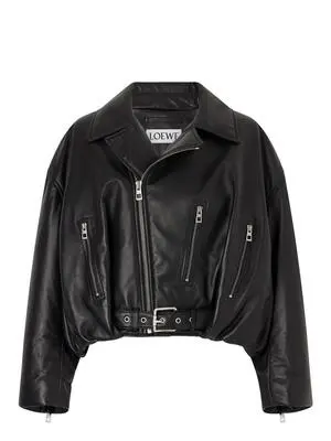 Loewe Cropped Buckled Leather Biker Jacket - Black