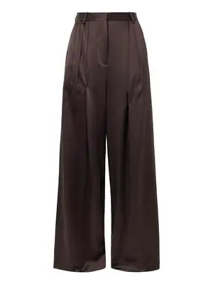Eterne Josephine Pleated Stretch-silk Satin Straight-leg Pants - Brown