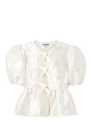 GANNI Bow-detailed Cloqué Peplum Blouse - White