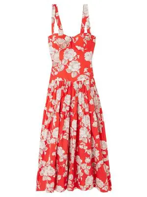 Cara Cara Santiago Floral-print Cotton-poplin Midi Dress - Red
