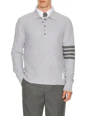 Thom Browne Long Sleeve Pique Polo In Grey - Pale Grey