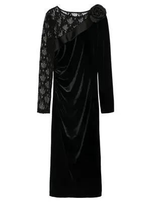 NISSA Lace-insert Velvet Midi Dress - Black