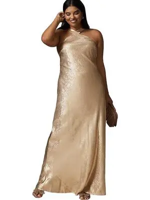 Adrianna Papell Plus Sleeveless Halter Maxi Dress - Gold