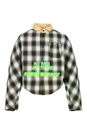RRR123 Check-pattern Corduroy-collar Shirt - Black