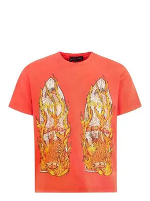 WHO DECIDES WAR BY EV BRAVADO Rhinestone Flame Glass T-shirt - Orange