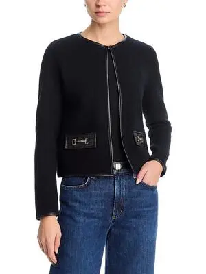 SIONI Faux Leather Trim Cardigan - Black