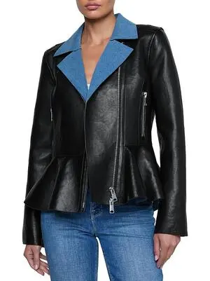 L'Agence Lyric Leather Biker Jacket - Black/denim Blue