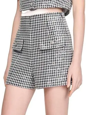 Sandro Sequin Houndstooth Tweed Shorts - Black White